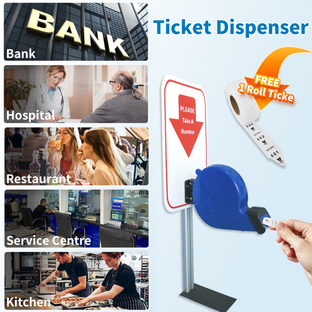 Queue Ticket Dispenser Machine with Counter Stand and 1 Queue Roll Queue Tape 3 Digits 2000 ...