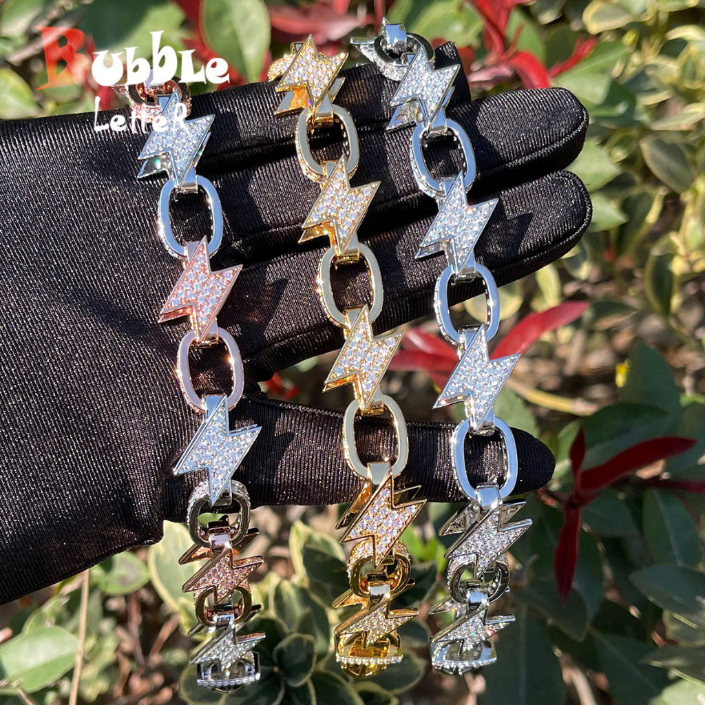 Bubble Letter Lightning Bolt Bracelet for Women Iced Out Cuban Link ...