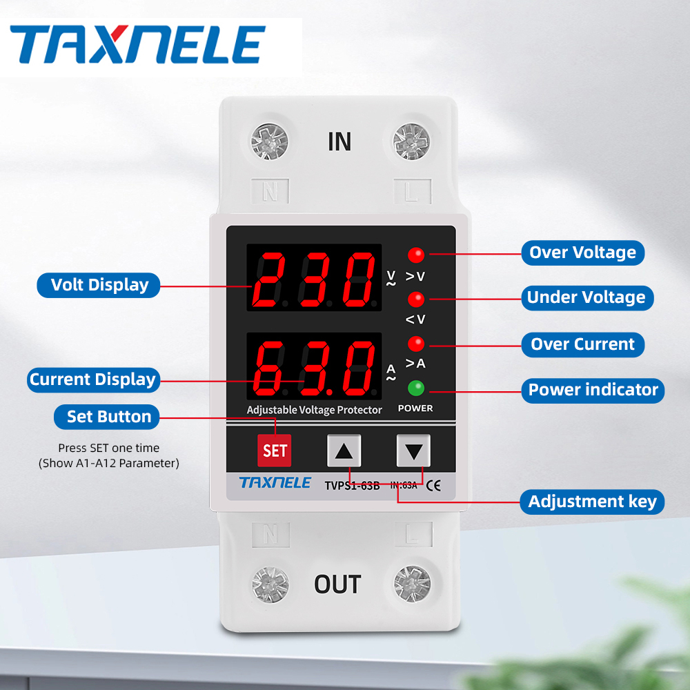 TAXNELE 63A 230V Din Rail Adjustable digital Over Under Voltage ...