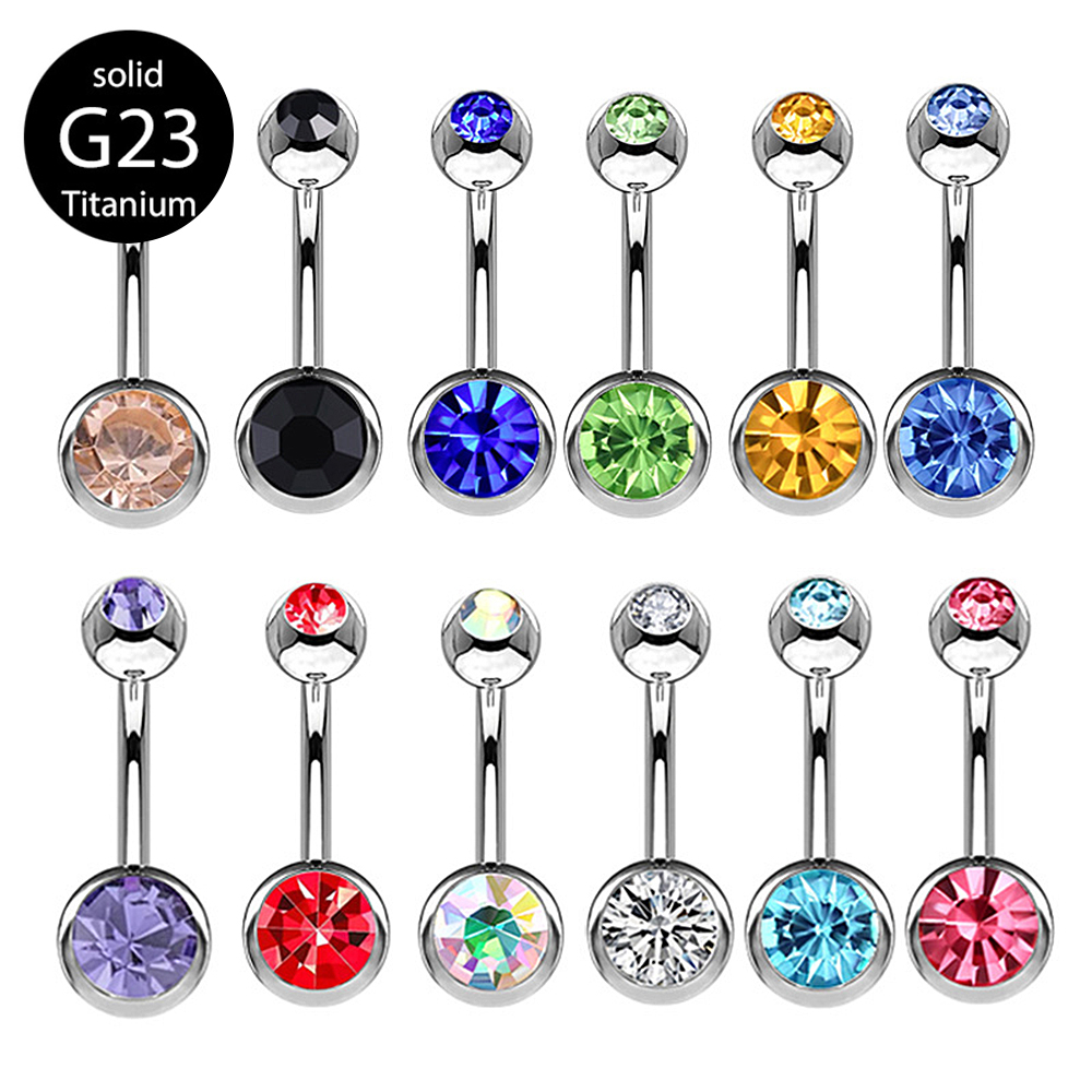 1 PC G23 Titanium Steel Round Ball Belly Buttom Piercing Double Crystal ...