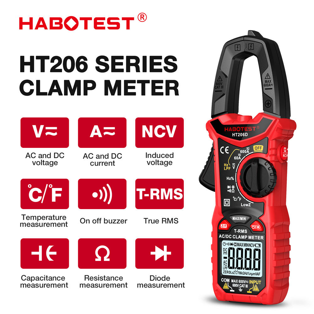 HABOTEST HT206 Digital Clamp Meter 600V AC/DC 6000 Counts Current Auto ...