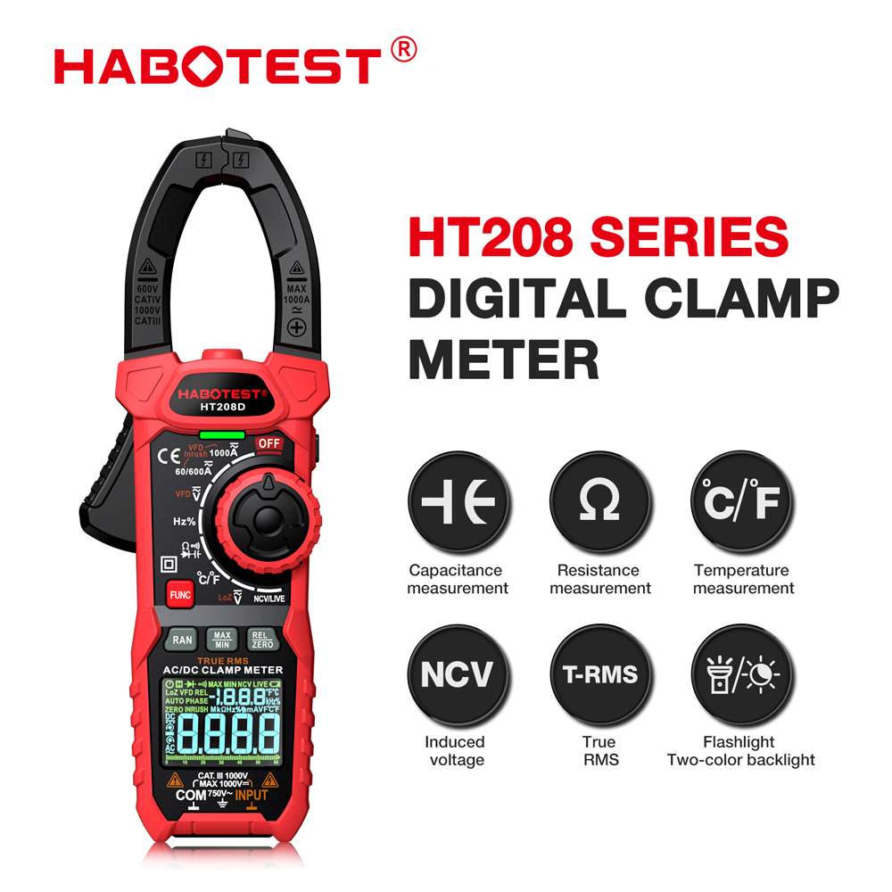 HABOTEST HT208 Digital Clamp Meter 1000V/1000A AC/DC True-RMS NCV ...