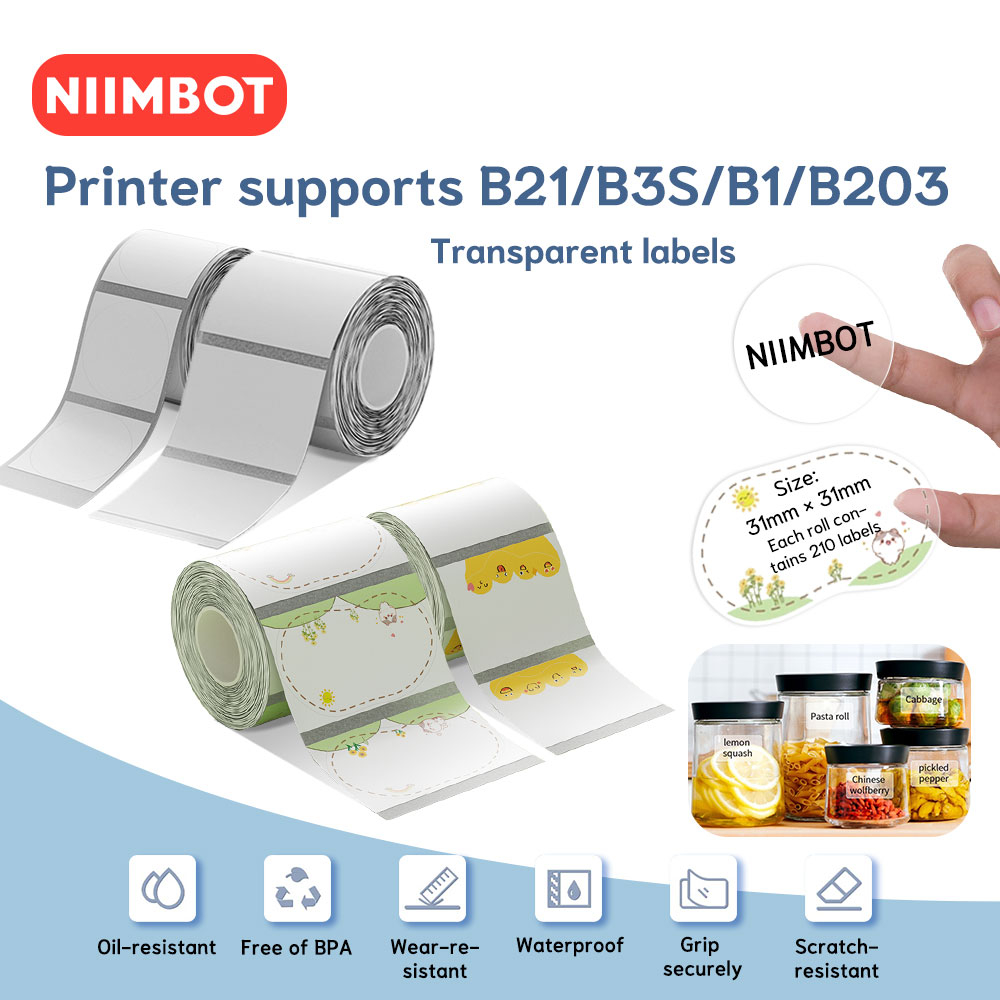 NIIMBOT B21 B1 B203 Label Printing Paper Transparent Name Sticker Sticker Waterproof Self ...