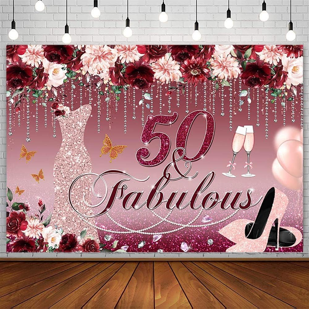 7x5ft Burgundy Happy 50th Birthday Photography Backdrop for Women 50th ...