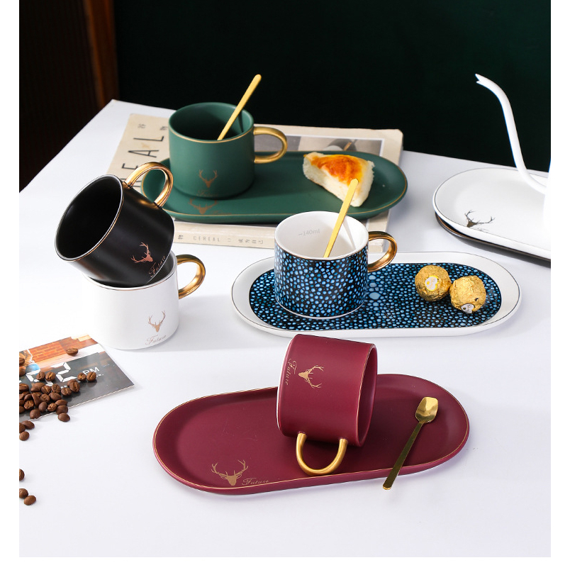 COD Nordic Coffee Cup Saucer Set with Spoon Luxury Exquisite Dark Green ...