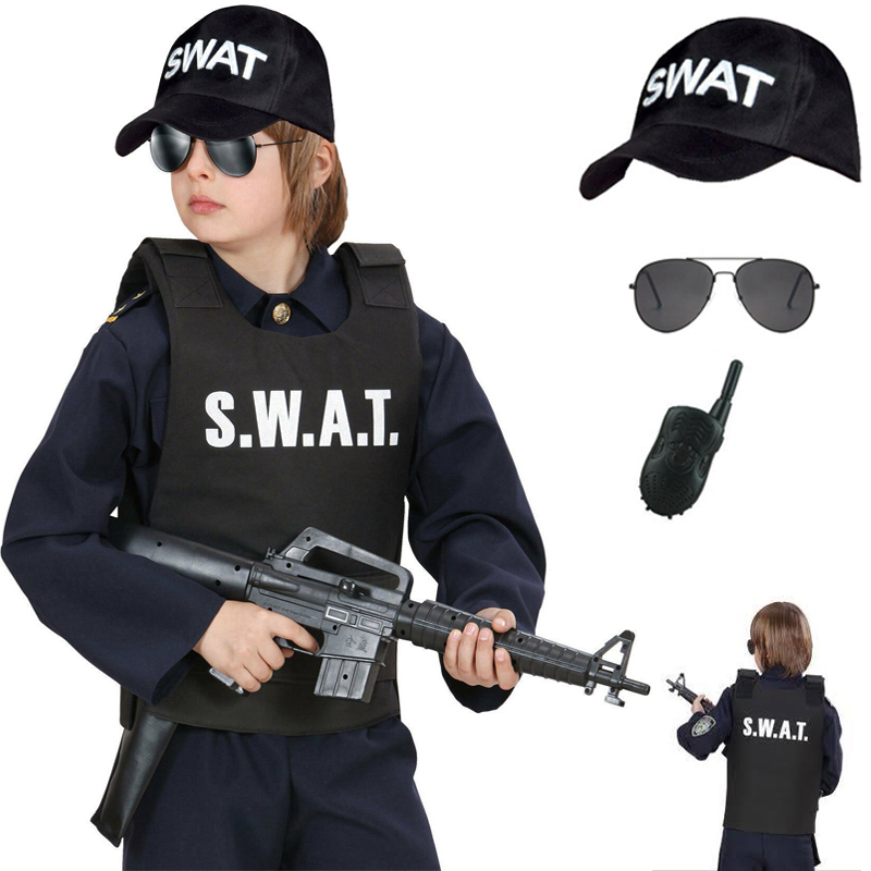 Kids Police Swat Bulletproof Vest & Swat Cap Hat Costume Fancy Dress ...
