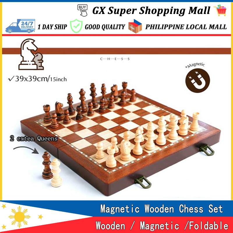【COD】Portable Magnetic Wooden Chess Set with Folding Chess Board & Staunton Chess Pieces, 2 ...