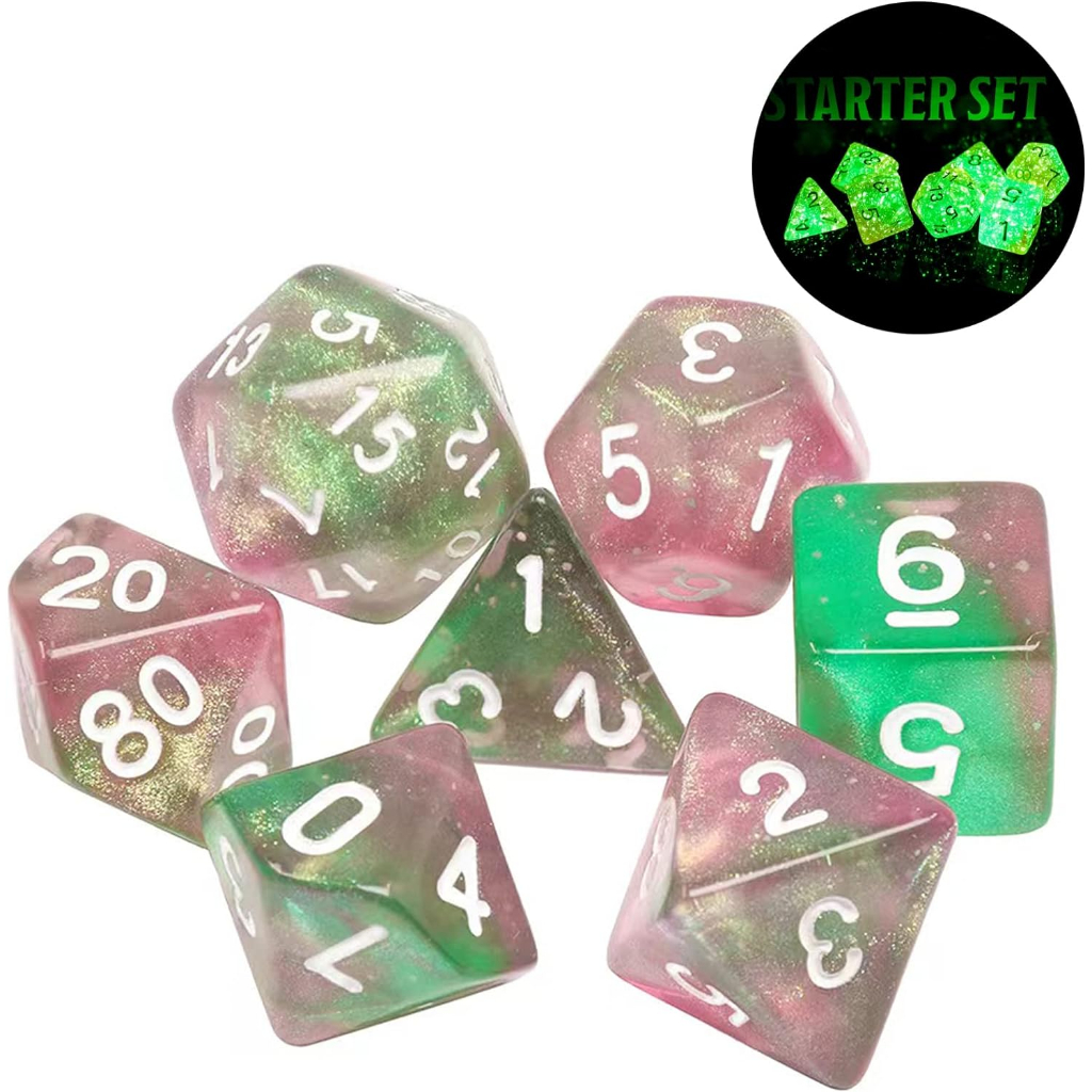 Glowing Dnd Glitter Dice Set Glow In The Dark Pink And Green Glitter D