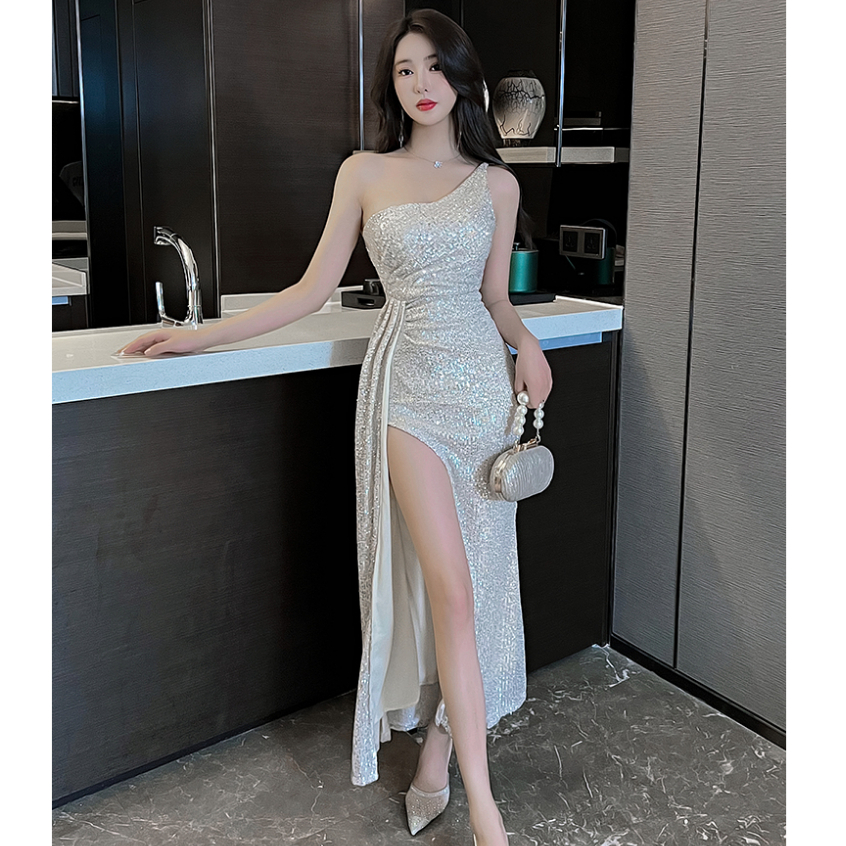 Banquet Classy Light Luxury One-Shoulder Sequined Evening Dress Sexy ...