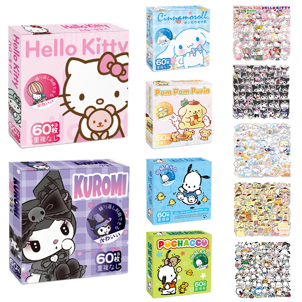 60pcs Box Cartoon Sanrio Handbook Sticker Set Cute Kuromi Cinnamoroll