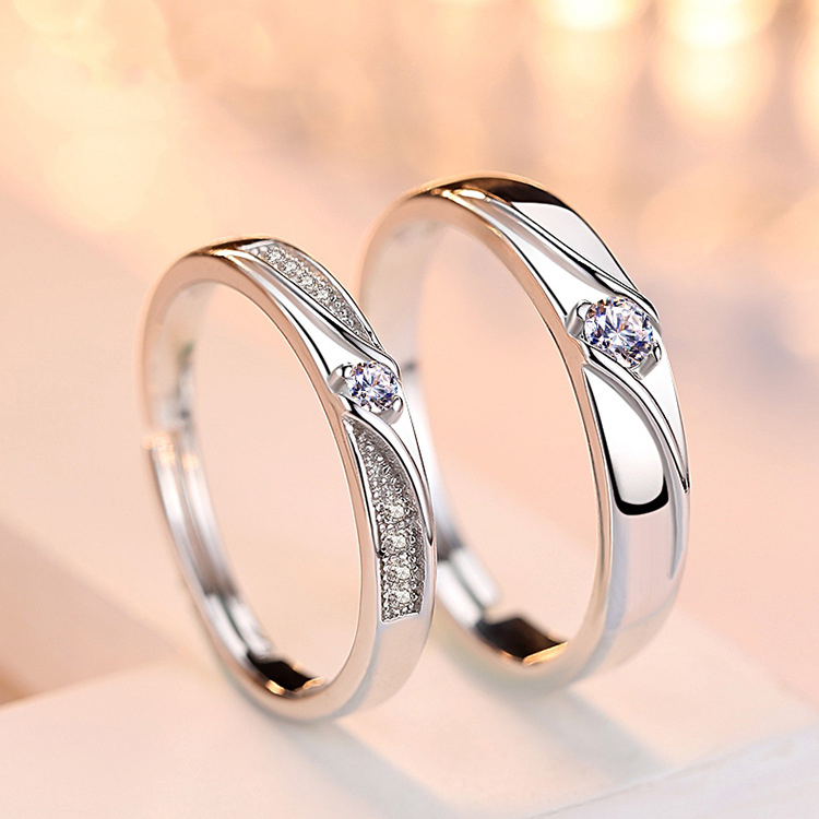 Stylish Luxurious Silver Diamond Couple Ring 2Pcs Set Elegant Wedding ...