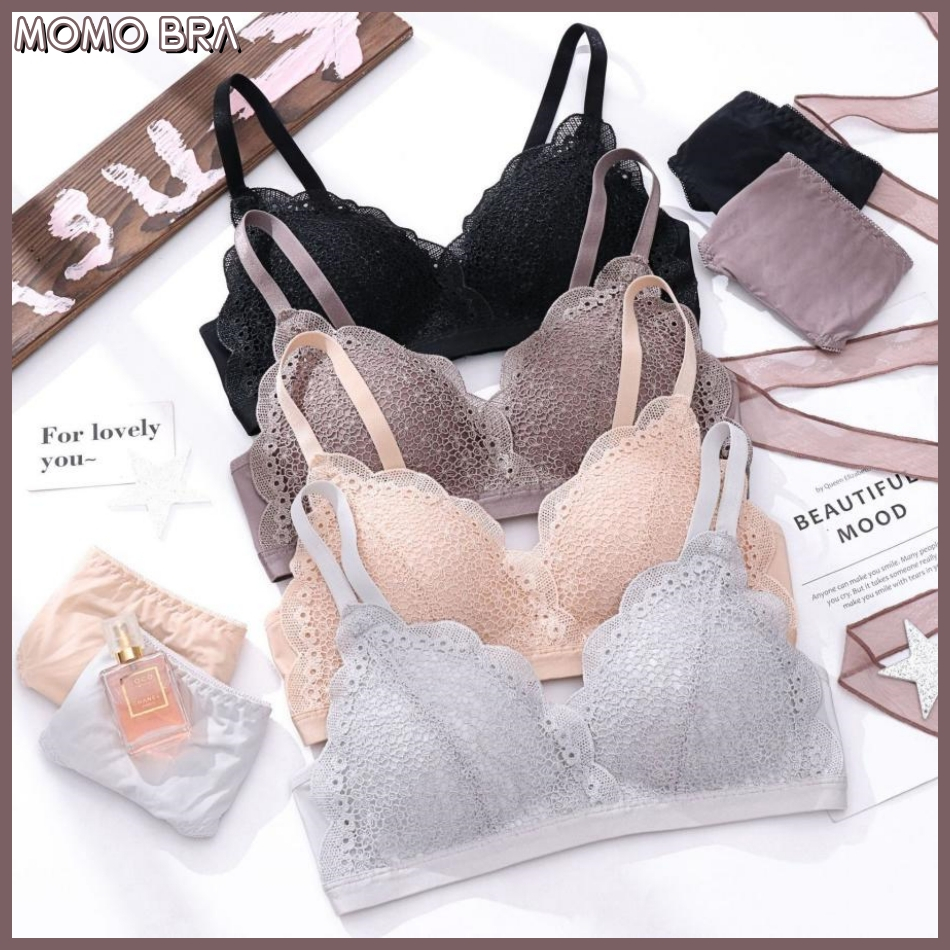 MOMO Women's Sexy Flower Lace Bra Wireless Comfort Underwear Deep V ...