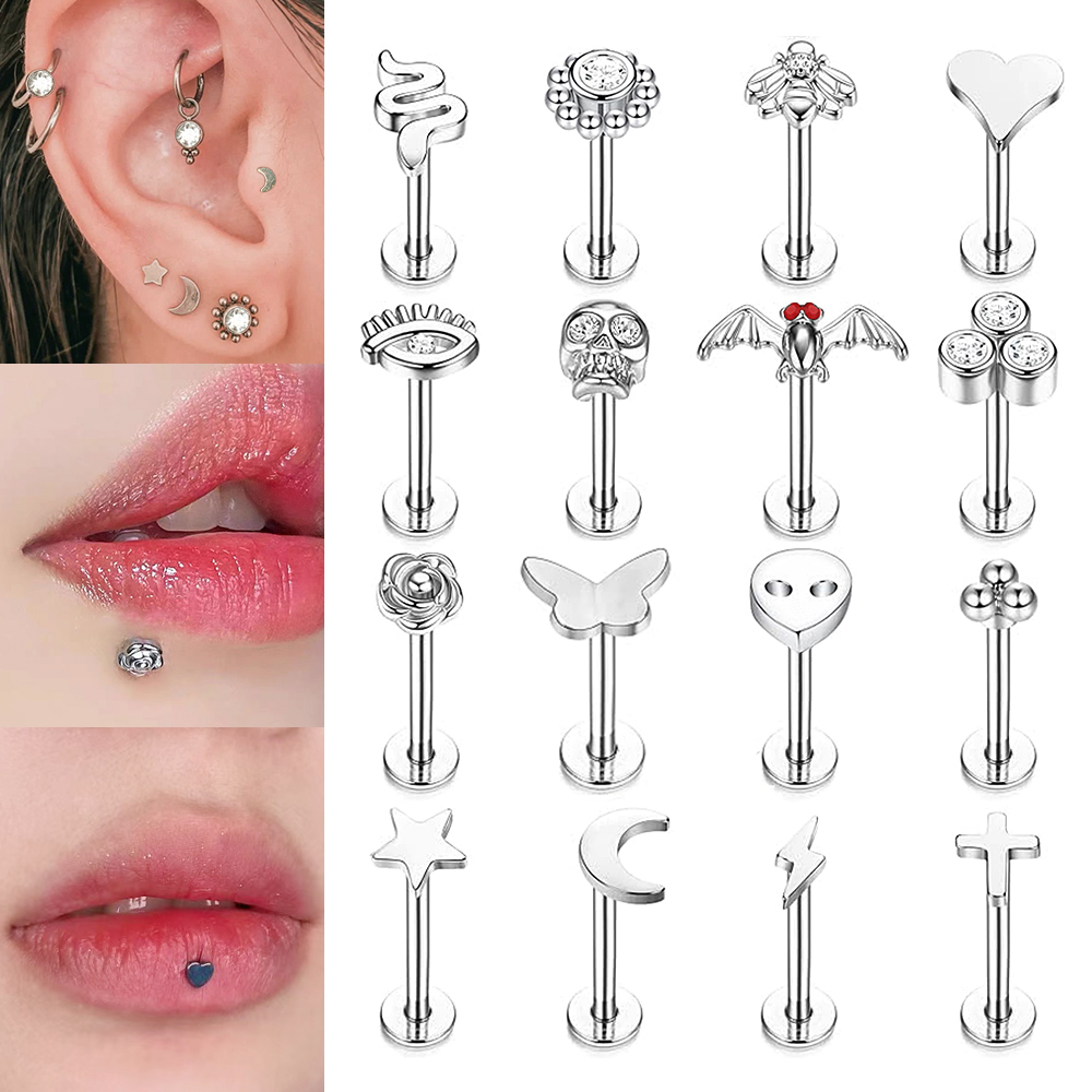 1 PC 6/8/10mm Butterfly Bat Labret Piercings Skull Rose Stainless Steel ...