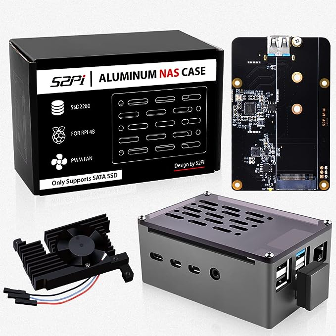 52Pi Raspberry Pi 4 Aluminum NAS Case with PWM Fan and M.2 SATA SSD Adapter Board, Raspberry Pi ...