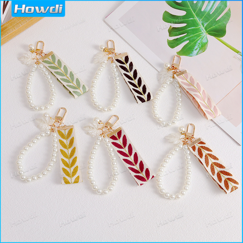 Cute Leaf Pattern Wristlet Strap Keychain Fashion Pearl Pendant With ...