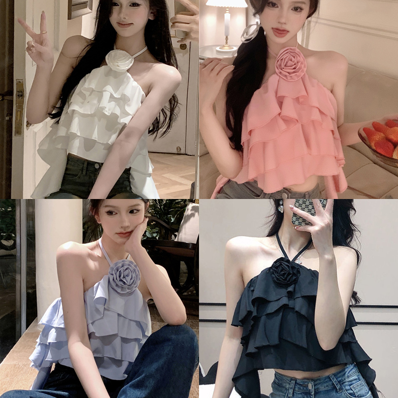 LHJ Summer Sexy Sleeveless Chiffon Camisole Women's Ruffle Flower Halter Vest Backless Irregular ...