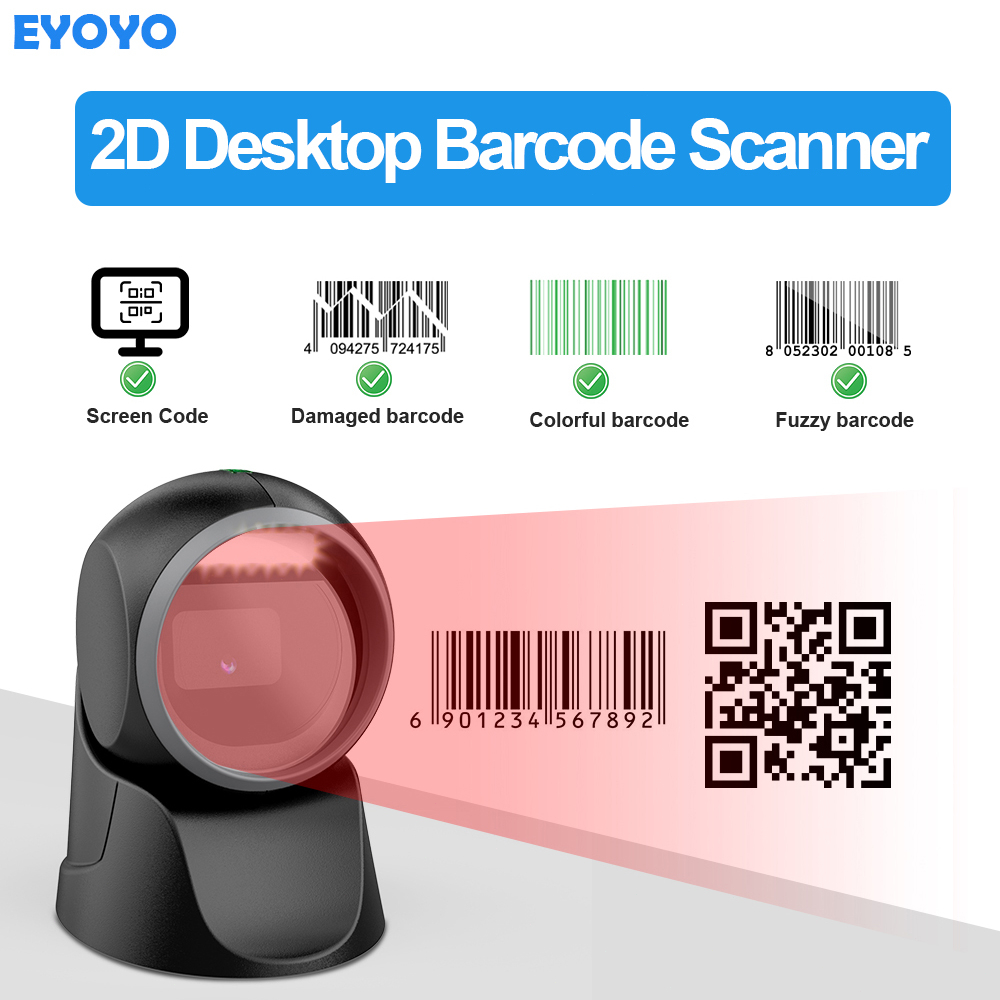 Eyoyo 1D 2D Desktop Barcode Scanner with Automatic Sensing Omnidirectional Hands-Free Bar code ...