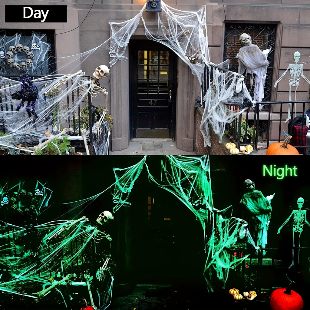 Glow in The Dark Spider Webs and Fake Spiders White Stretch Cobwebs for ...