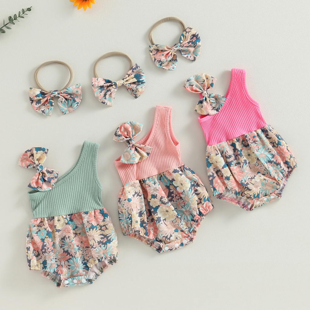 B930G-Baby Girl Two Piece Outfits Summer Floral One Shoulder Romper and ...
