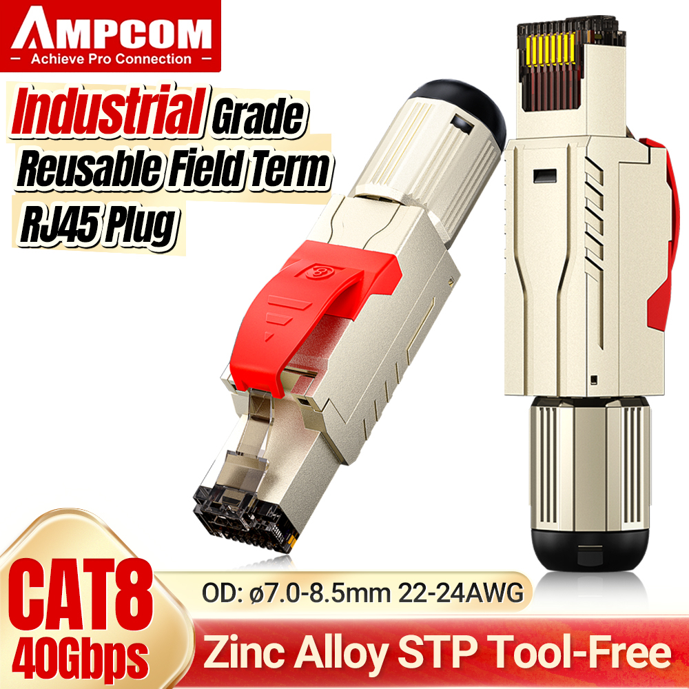 AMPCOM RJ45 Connector, CAT8 STP Tool Free Shielded Modular Plugs CAT7 CAT6A Zinc alloy Field ...