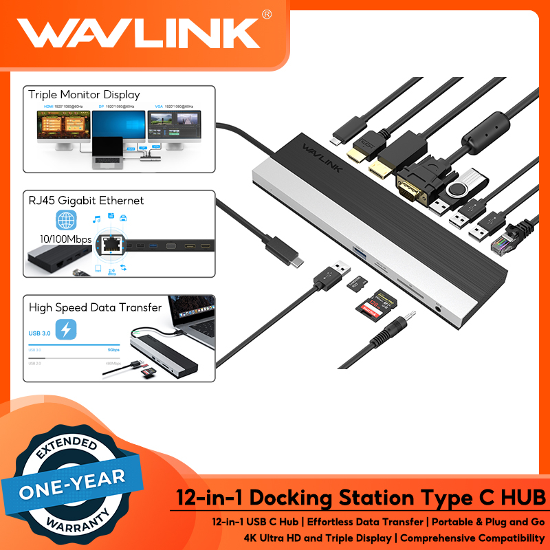 WAVLINK 12 In 1 USB C Docking Station Type C USB Hub Triple Display Type-C Adapter with HDMI ...