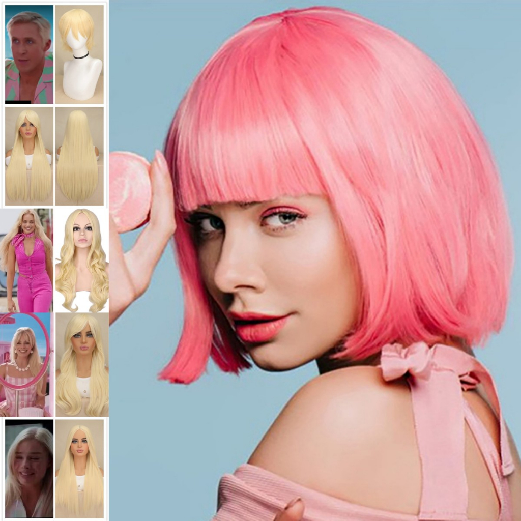 ONPH Barbie Pink Wig Short Straight Bob Haircut High Temperature Fiber ...