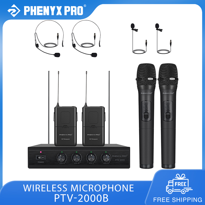Phenyx Pro PTV-2000B VHF Wireless Microphone System 4-Channel Wireless Microphone Set with 2 ...