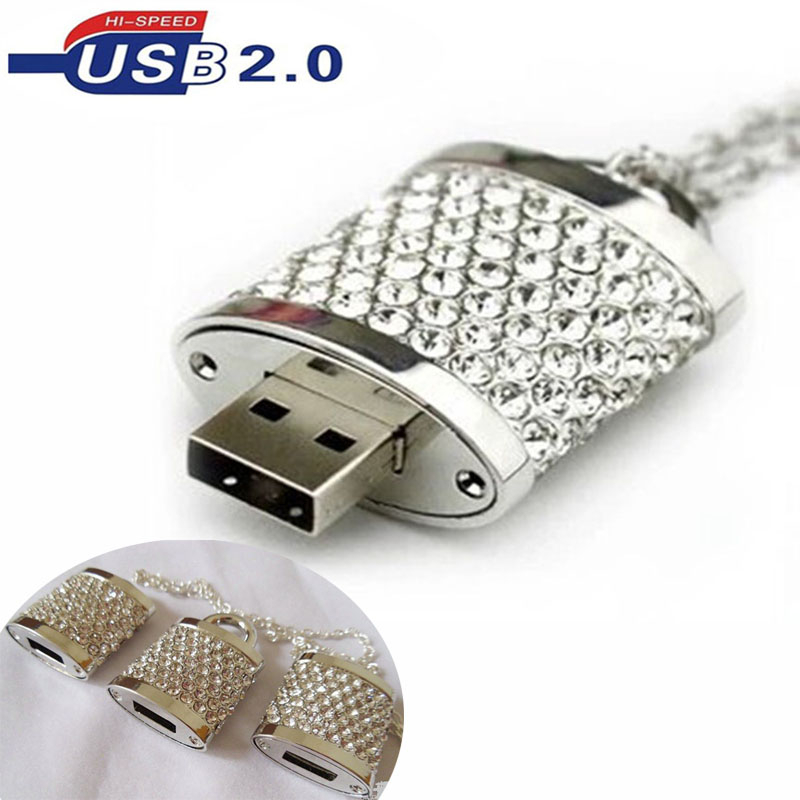 Personalized creative jewelry crystal rhinestone lock usb flash drives 16gb 32gb 64GB usb 2.0 ...