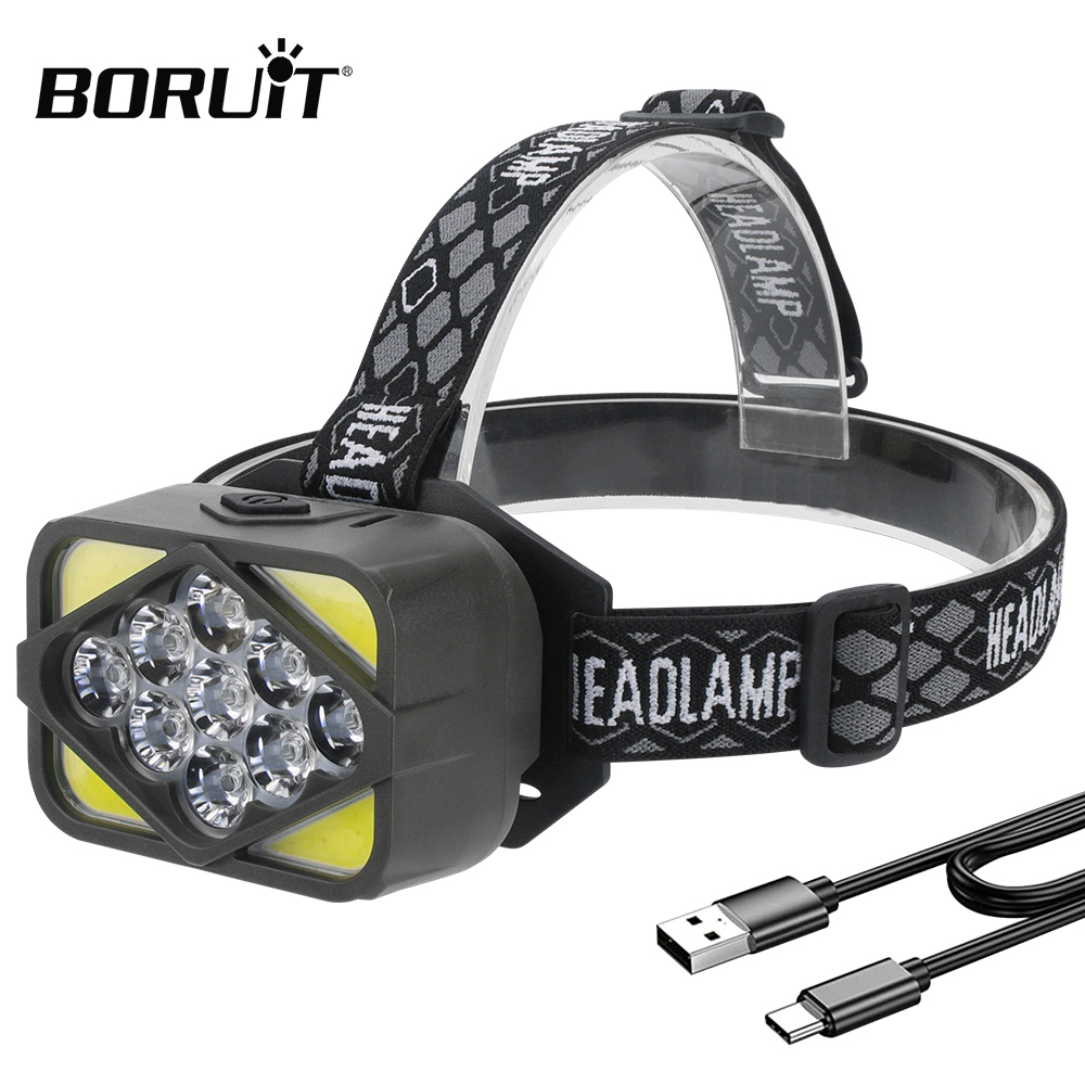 BORUiT Powerful 1350LM LED Headlamp Type-C Rechargeable Headlight Red ...