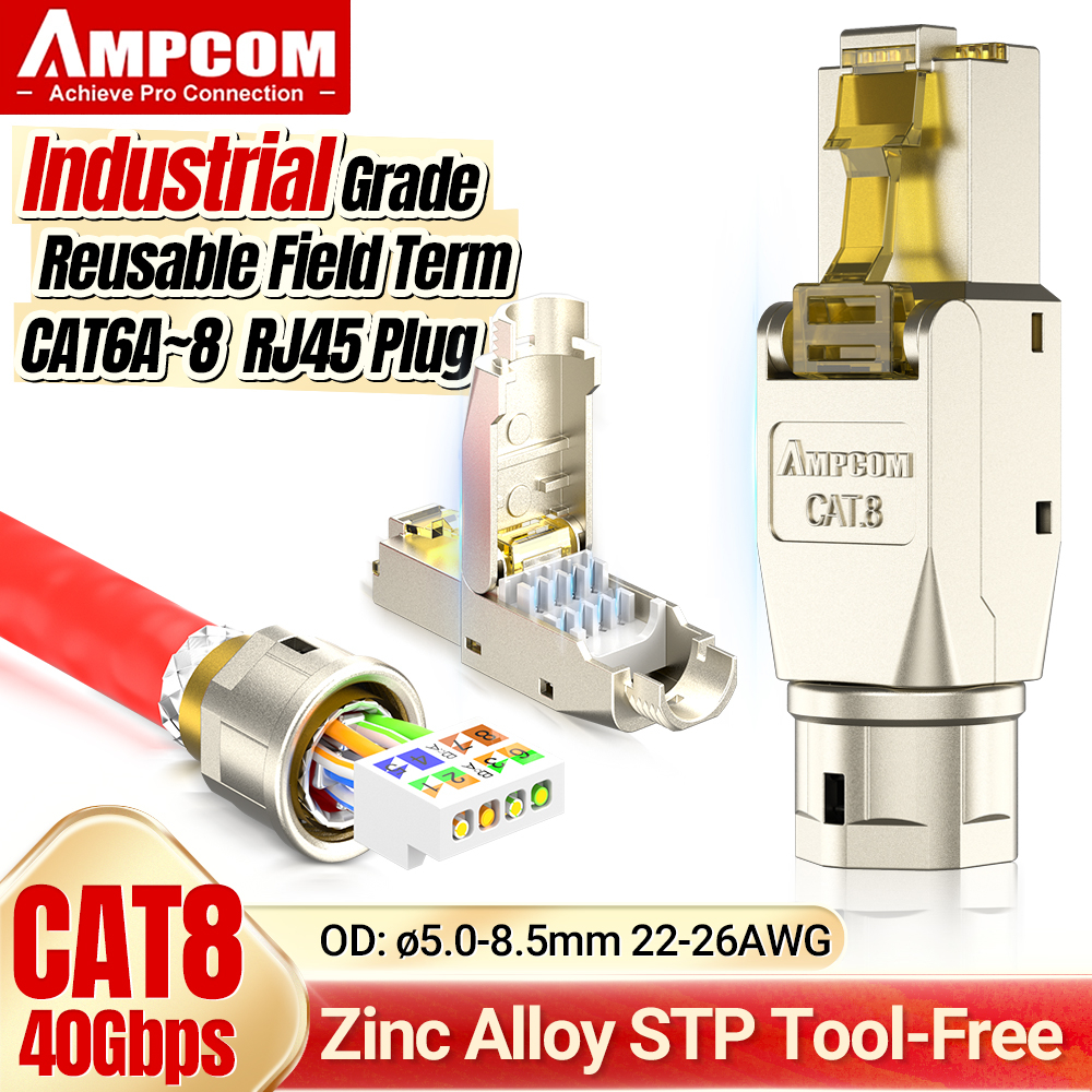 AMPCOM Toolless RJ45 Connector, CAT8/7/6A Tool Free Reusable Termination Plugs Shielded Ethernet ...