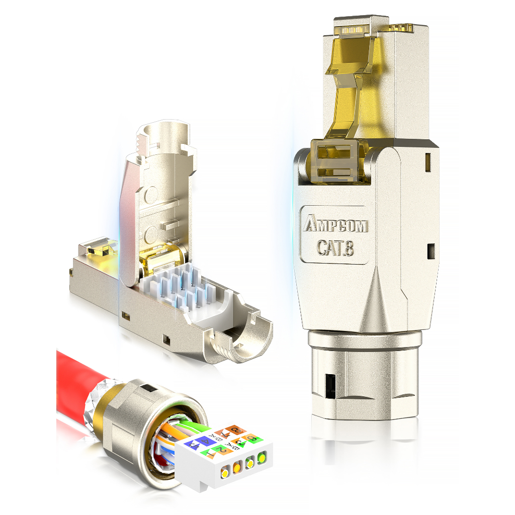 AMPCOM Toolless RJ45 Connector, CAT8/7/6A Tool Free Reusable Termination Plugs Shielded Ethernet ...