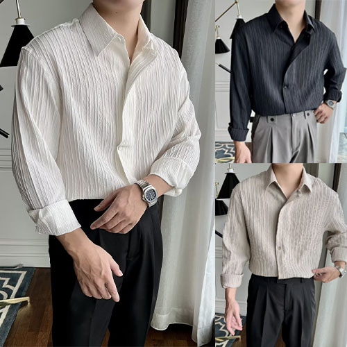 【Ready Stock】M-2XL Korean Men's Plain Casual Fashion Long sleeves lapel Shirts black white khaki ...