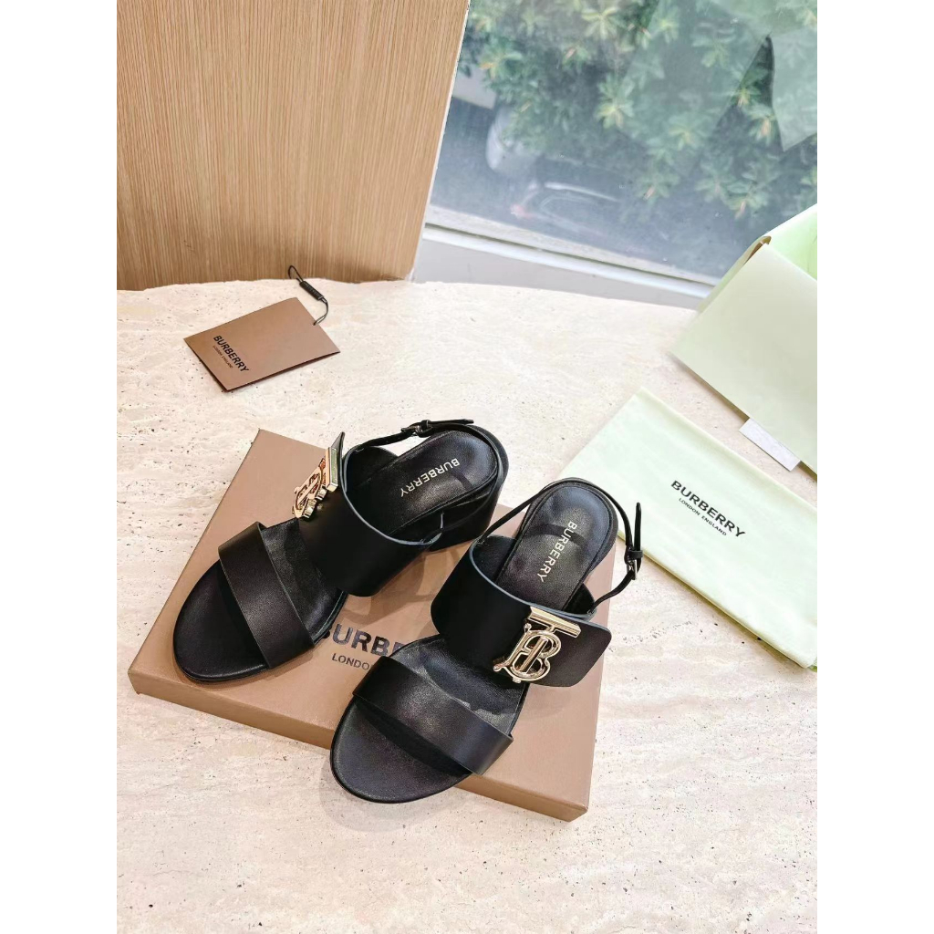 Burberry 23ss Latest Style Block Heel Open Toe Sandals | Shopee Philippines