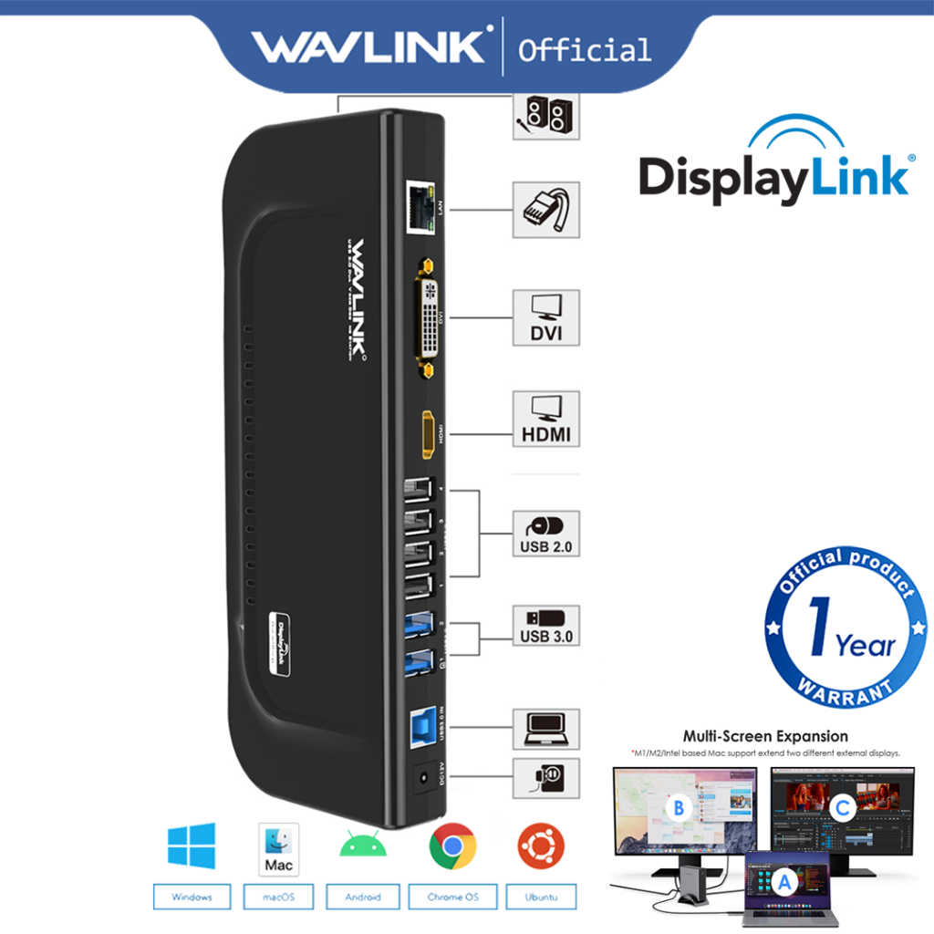 Wavlink USB 3.0 DisplayLink Universal 2K Dual 1080P Display Docking ...