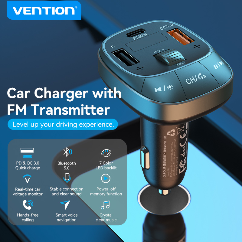 Vention Car Charger Music Player Bluetooth V5.0 FM Transmitter Radio ...