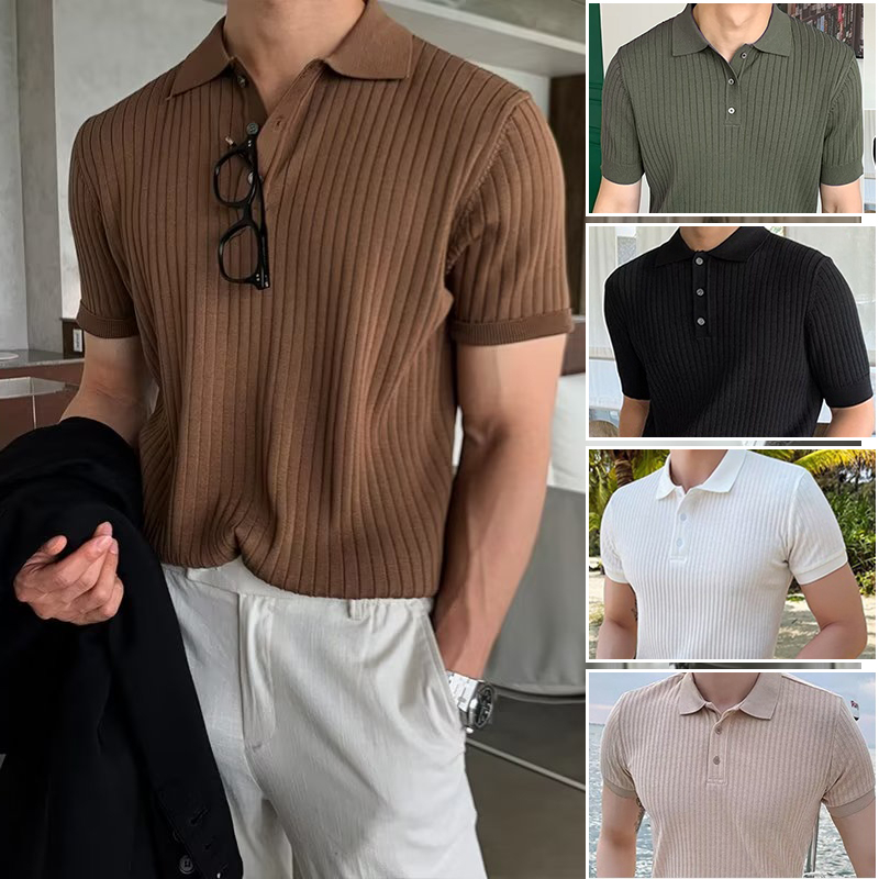 【M-2XL】Korean Style Fitted Stripe Polo For Men Plain Short Sleeve Slim ...