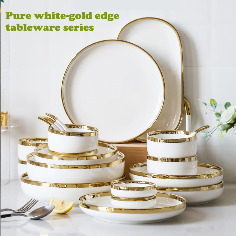 Hot Item GOOD QUALITY Nordic Pure white with Gold Rim Tableware Ceramic ...