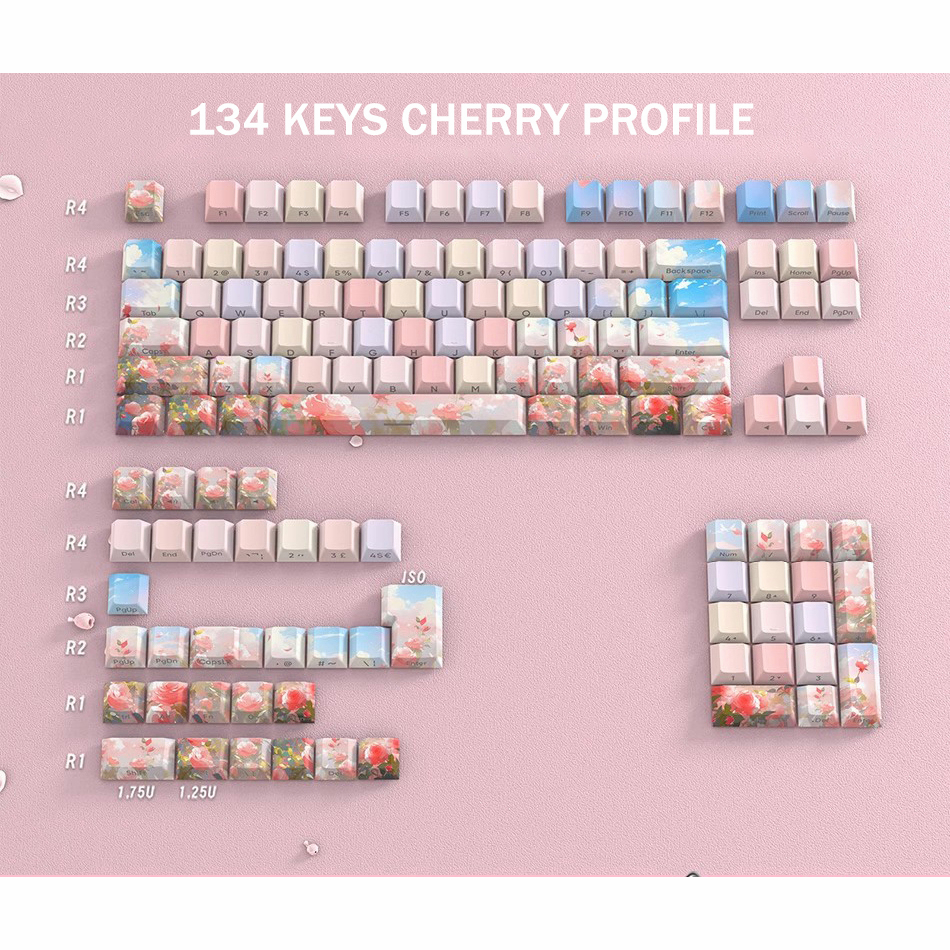 Colorful Rose Keycaps Backlit Side/Top Print Key Cap Cherry Profile PBT ...