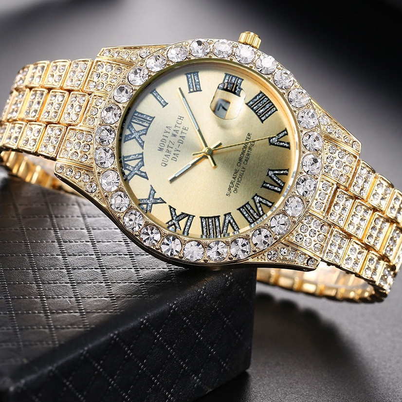 Rhinestone Calendar Full Diamond Face Men's Watch Roman Scale Alloy ...