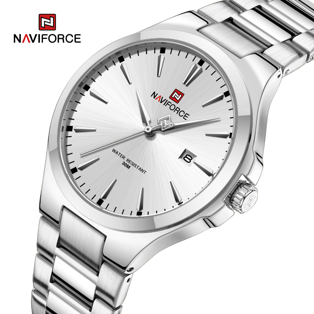 NAVIFORCE 9214 Men Watch Original Silver Stainless Steel Luxury Fashion ...