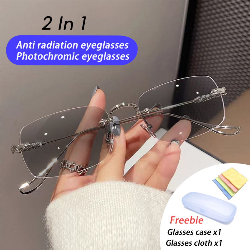 Photochromic Anti Radiation Rimless Eyeglasses For Women Men Transition ...