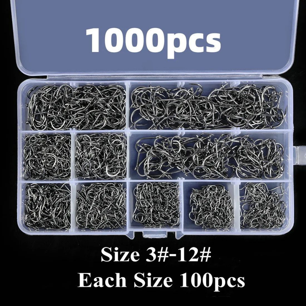 1000Pcs/box Fish Hook Set Mixed Size #3~12 High Quality Stainless Steel ...