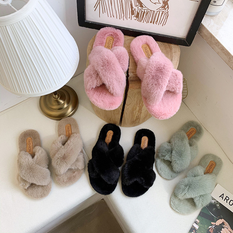 2023 Autumn and Winter New Cross Plush Slippers for Women Wearing Flat ...