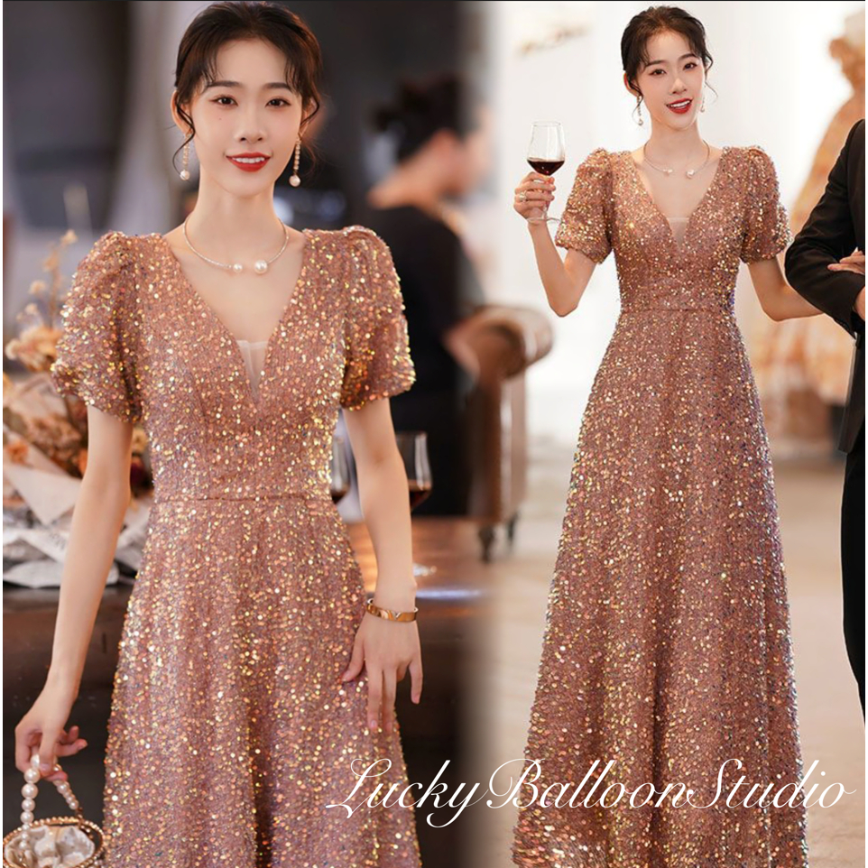 Women Sequin Golden Evening Gwon Long Temperament Elegant Wedding Gown ...