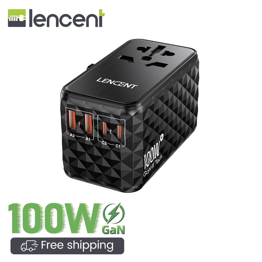 LENCENT 100W International Travel Adapter, GaN Universal Travel Adapter with 2 USB-A & 2 Type C ...