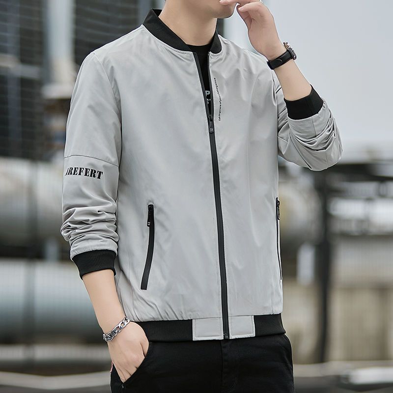 Bomber Jacket For Men with Zipper Plain Trendy Tops Casual Windbreaker ...
