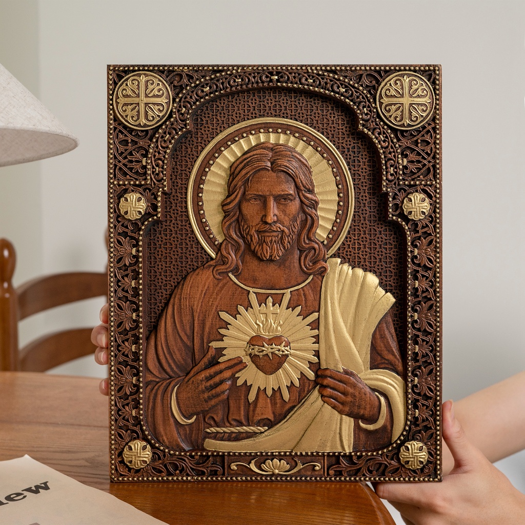 Our Lord Jesus Holy Heart Wood Carving Christian Plaque Catholic Wall ...