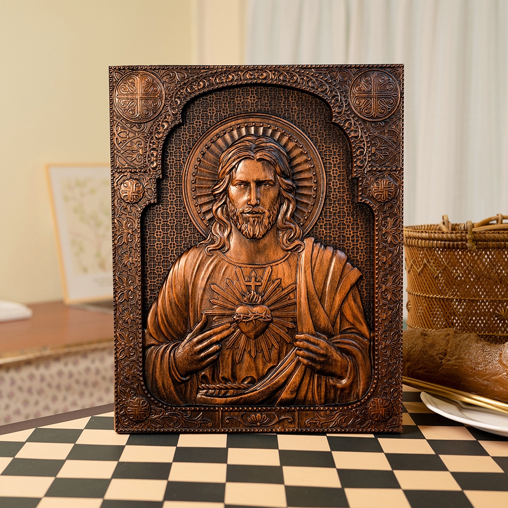 Our Lord Jesus Holy Heart Wood Carving Christian Plaque Catholic Wall ...