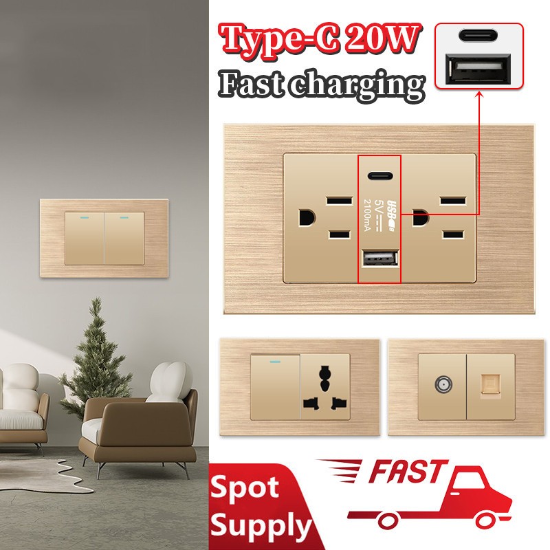 Buy 2-6% Ready stock wall switch socket usb+type-c socket gold Aluminum ...