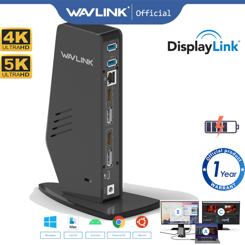 WAVLINK Ultra HD Displaylink Multiple-Display Docking Station with 65W ...